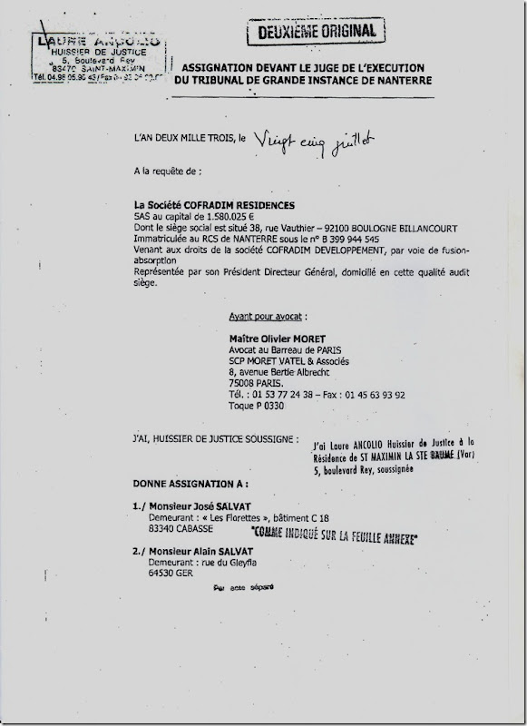 PRE-RAPPORT DE Maître Marc BARONI: Assignation du 25 Juillet 2003 de la ...